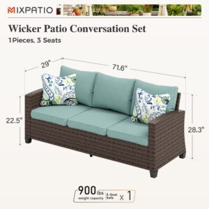 MIXPATIO Patio Couch Wicker 3-Seat Outdoor Brown Rattan Sofa Deep Seating Furniture Blue Cushion