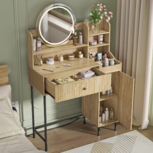 Furtivusia Fluted Makeup Vanity Desk with Mirror and Light Modern Vanity Table with Charging Station Dressing Table with Drawers & Cabinet & Shelves & Divided Organizers 3 Light Settings for Bedroom