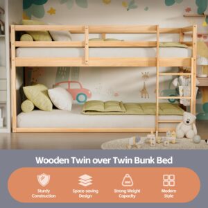 TOLEAD Low Bunk Bed Twin Over Twin, Floor Bunk Bed with Ladder, Twin Bunk Bed with Full Guardrails, Wooden Bunk Bed for Juniors, Boys, Girls, Kids, Bedrooms (Natural)