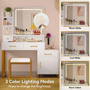 DWVO 43" Vanity Desk with Mirror, Lights, and Power Outlet, Makeup Vanity Set with Adjustable 3-Mode Lighting, Vanity Desk with Multiple Storage Options, and Stool, Bedroom Beautification, White