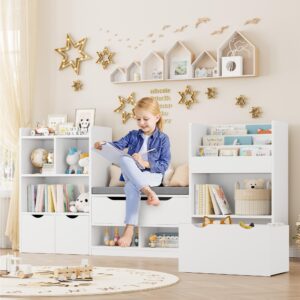 FOTOSOK 72” Kids Bookshelf with Reading Nook, Super Large Toy Storage Organizer with Seat Cushion and 3 Movable Drawers, Kids Reading Nook Toy Organizers and Storage with Bench for Living Room