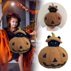 Halloween Black Cat Pumpkin Toy Pillow Holiday Pillow Halloween Pumpkin Plush Toy, Cute Cat Hides in Pumpkin Pillow，Cat Pumpkin Peeping Plush Pillow Home Decoration