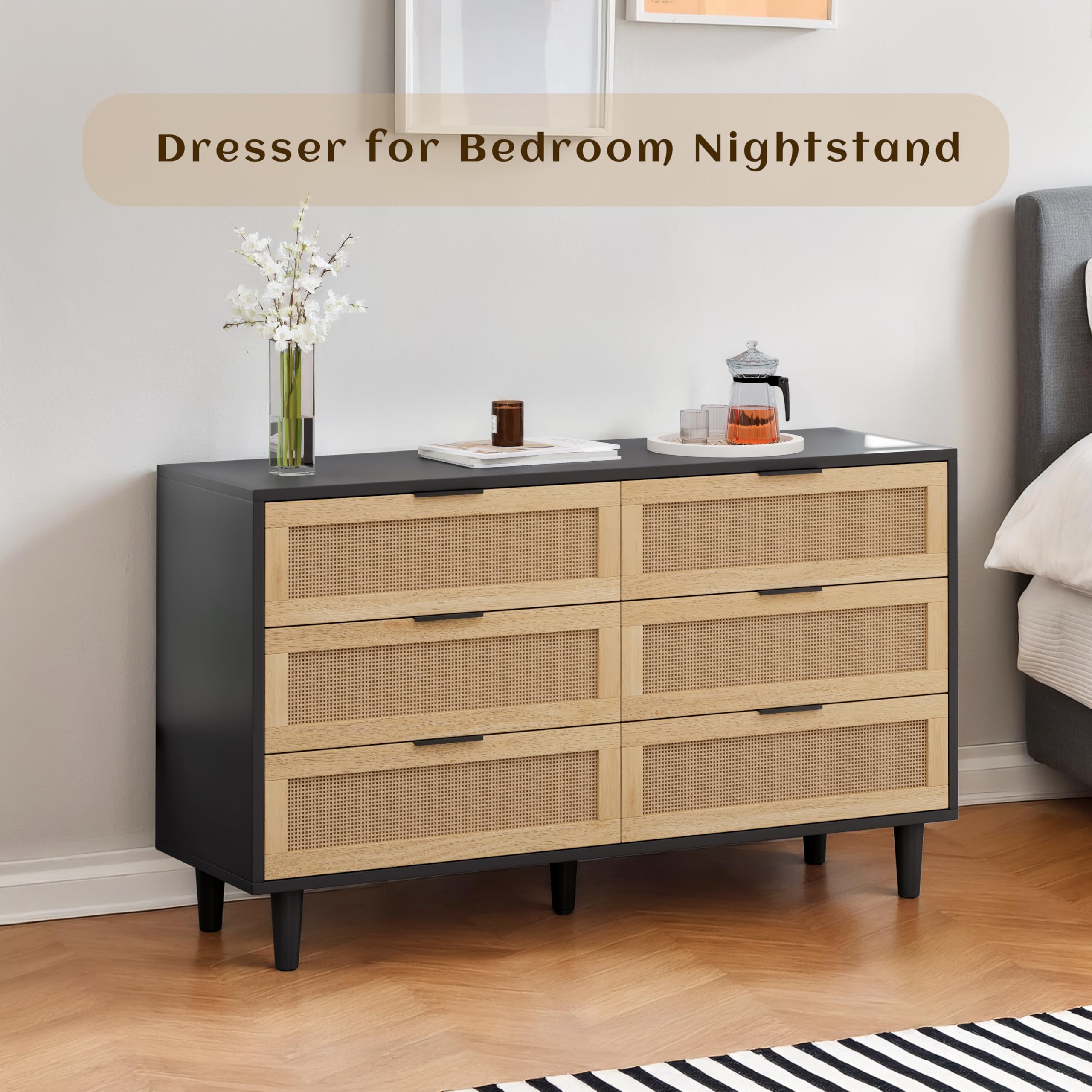 NTYUNRR Black Rattan Dresser, 6 Drawer Double Dresser for Bedroom, 51.18" Rattan Dresser for Closet, Rattan Storage Cabinet Rattan Drawer with Metal Handles, for Living Room, Black M