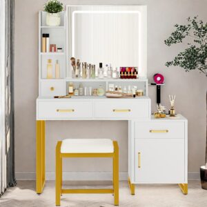 dwvo 43" vanity desk with mirror, lights, and power outlet, makeup vanity set with adjustable 3-mode lighting, vanity desk with multiple storage options, and stool, bedroom beautification, white