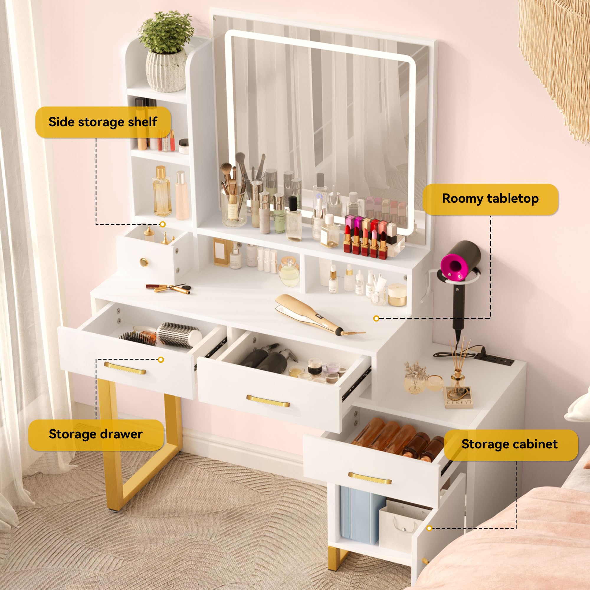 DWVO 43" Vanity Desk with Mirror, Lights, and Power Outlet, Makeup Vanity Set with Adjustable 3-Mode Lighting, Vanity Desk with Multiple Storage Options, and Stool, Bedroom Beautification, White