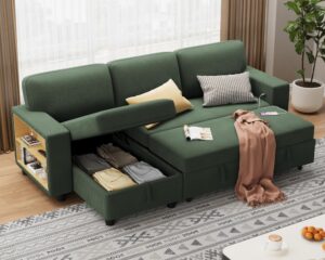 flamaker 80" sleeper sofa, sofa bed with built-in large storage and 2 bookshelves, convertible sectional sofa couch, pull out couch with usb, modern couches for living room (corduroy, green)