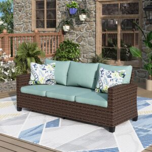 mixpatio patio couch wicker 3-seat outdoor brown rattan sofa deep seating furniture blue cushion