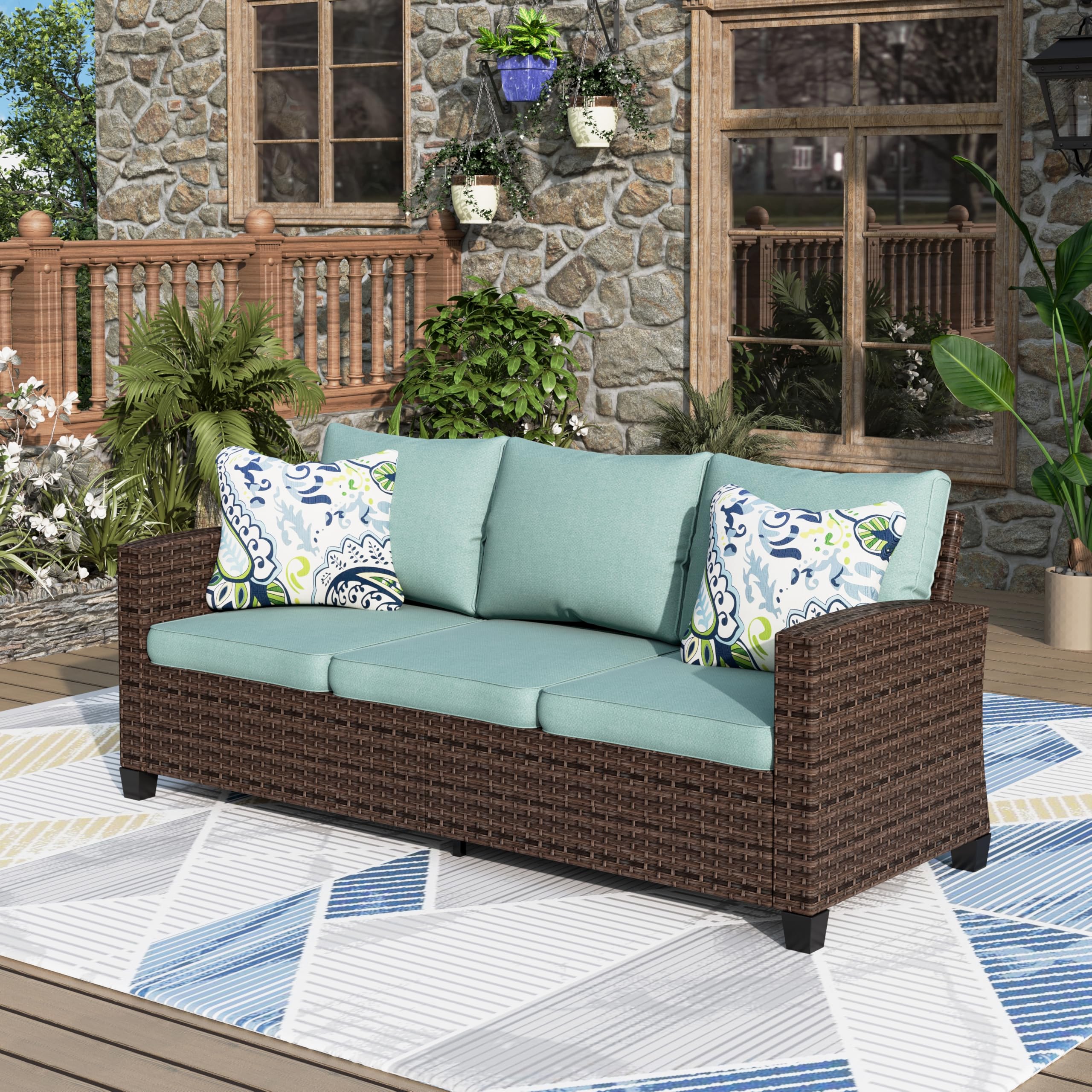 MIXPATIO Patio Couch Wicker 3-Seat Outdoor Brown Rattan Sofa Deep Seating Furniture Blue Cushion