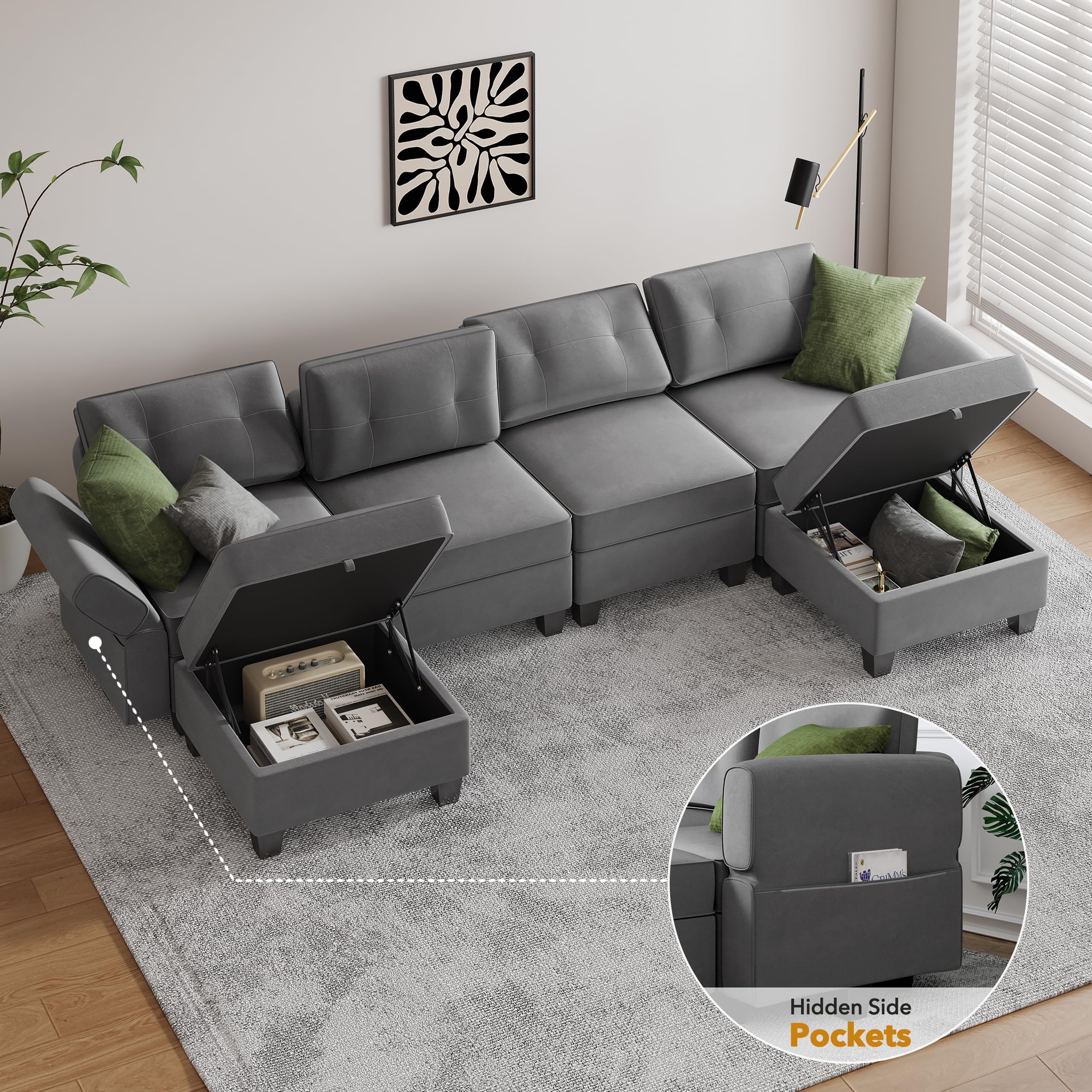 AYEASY Modular Sectional Sofa, U Shaped Sofa Couch with Storage Ottoman Convertible Sectional Couches for Living Room, High Supportive 6 Seats Reversible Sectionals 113'' with Chaise, Grey