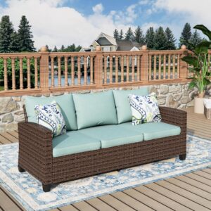 MIXPATIO Patio Couch Wicker 3-Seat Outdoor Brown Rattan Sofa Deep Seating Furniture Blue Cushion