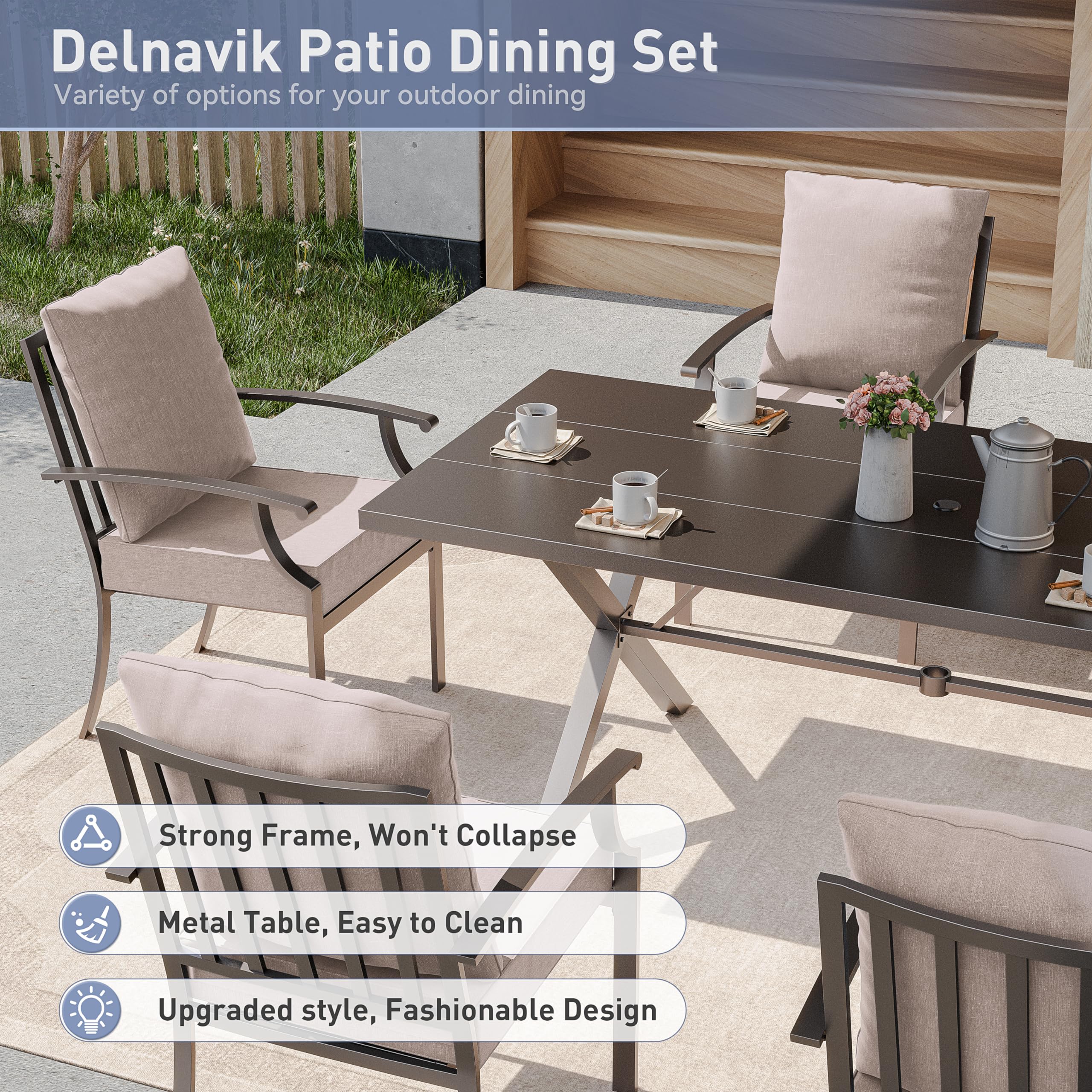 Kurapika 7 Piece Patio Dining Set Outdoor Furniture, Metal Patio Furniture Set 6 Fixed Chairs and Large Table with Umbrella Cutout for Deck Garden Backyard, Sand