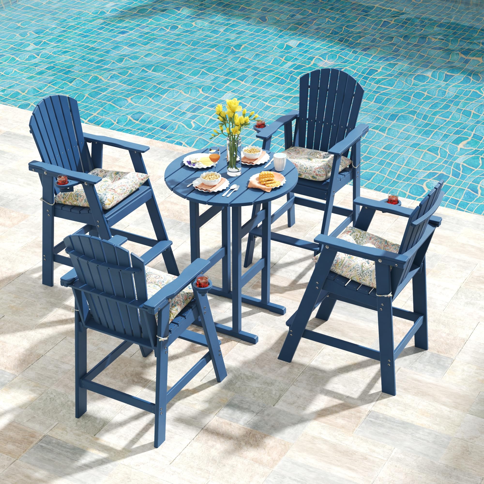 Sundale Outdoor Adirondack Bar Chairs Set of 2, Patio HDPE Bar Stools with Backrest, 30 Inch Seat Height Bistro Tall Dining Counter Barstools with Cushion, All-Weather Pub Height Chair, Navy Blue