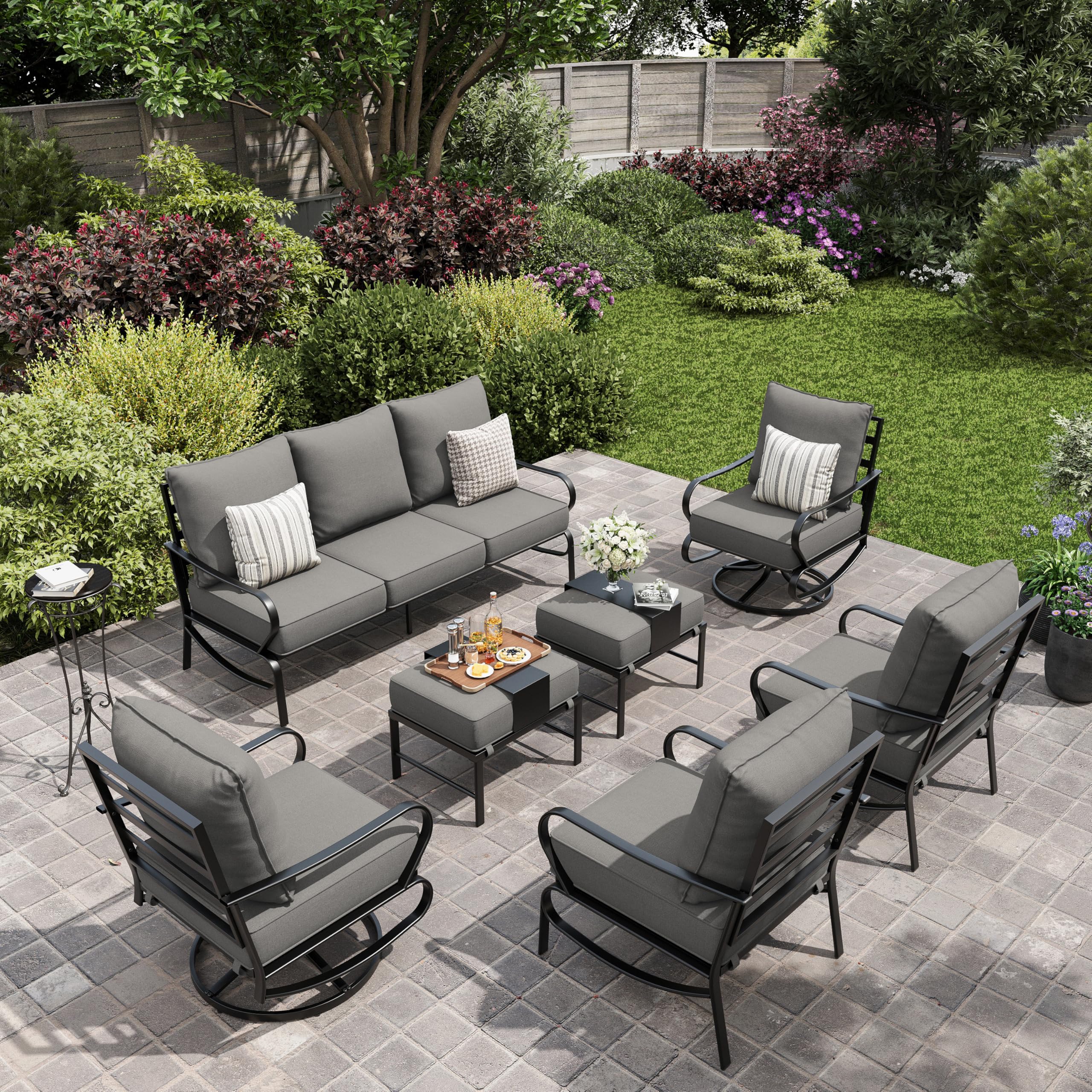 VONZOY Patio Furniture Set 7 Pcs, Metal Outdoor Furniture Patio Set, 3-Seat Sofa, 2 x Swivel Chairs, 2 x Single Chairs, 2 x Ottomans, 5.75" Extra Thick Cushion Outdoor Patio Furniture Set, Grey