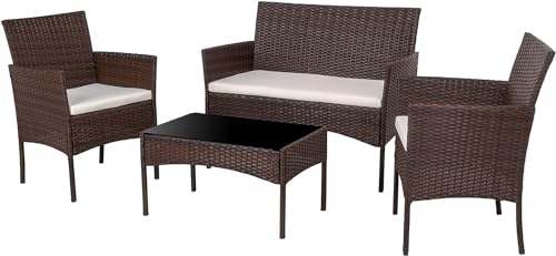 Shintenchi 4 Piece Outdoor Patio Furniture Sets, Small Wicker Patio Conversation Furniture Rattan Chair Set with Tempered Glass Coffee Table for Backyard Porch Garden Poolside Balcony