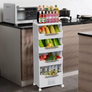 Multifunctional Storage Cart, Large Capacity Kitchen Cart, 4-Layer Rolling Storage Cart with Wheels, Mobile Cart with Push Rod and Basket, Suitable for Living Room, Bedroom, Bathroom, Laundry Room