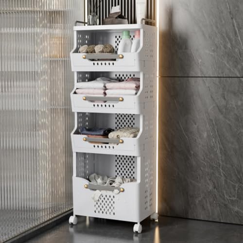 Multifunctional Storage Cart, Large Capacity Kitchen Cart, 4-Layer Rolling Storage Cart with Wheels, Mobile Cart with Push Rod and Basket, Suitable for Living Room, Bedroom, Bathroom, Laundry Room