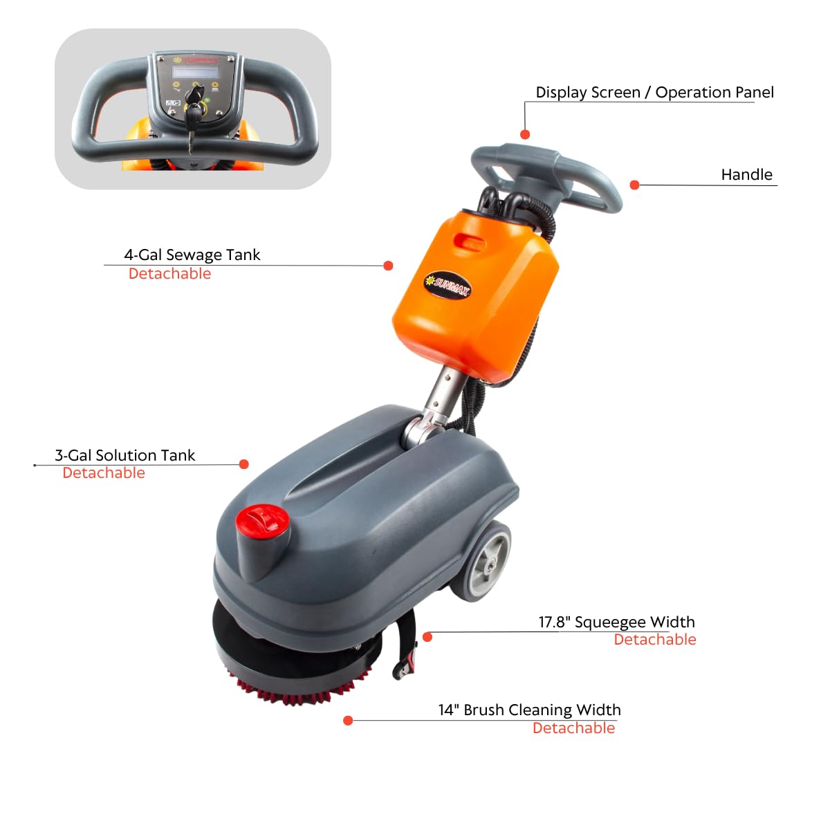 14" Commercial Compact Floor Scrubber Dryer Machine, 14500 sqft/h, 4-Gal Sewage Tank, 3.5 Hour Fast Charging Efficient Cleaning for Hard Floors