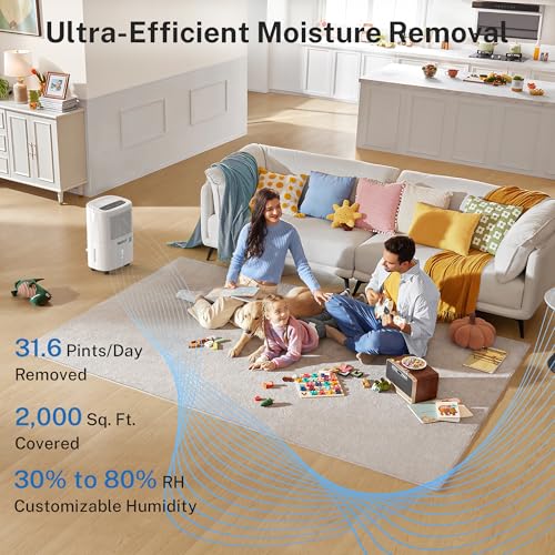 Yaufey 2024 Most Efficient Energy Star Dehumidifier for 2,000 Sq. Ft. Home, Basement and Large Room - Powerful, Quiet with Humidity Control, Timer, Drain Hose and Water Tank