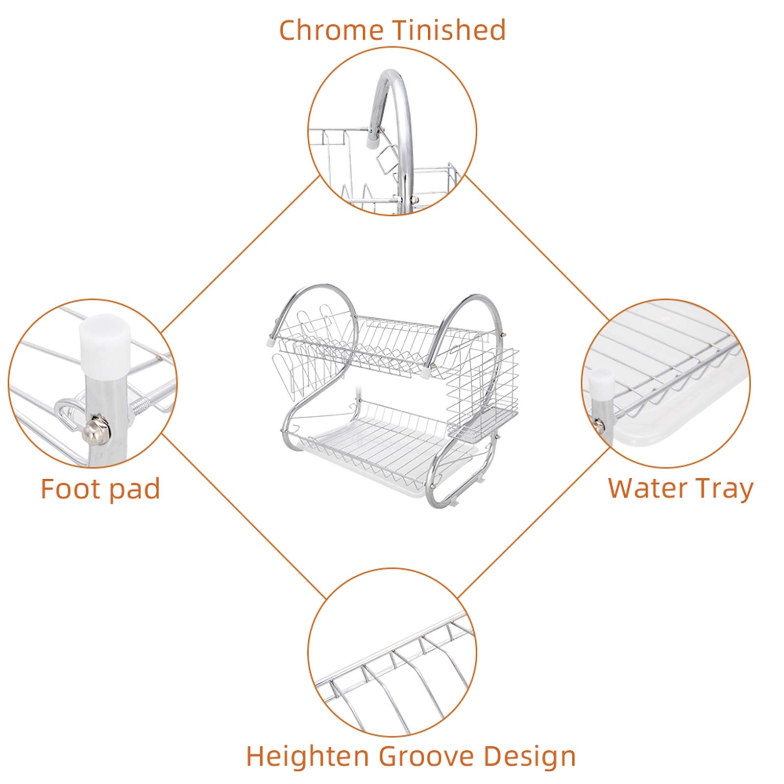 Guangshuohui Dish Drying Rack and Drainboard Set, 2 Tier Large Stainless Steel Sink Organizer Dish Racks with Cups Holder, Utensil Holder, Dish Strainer Shelf for Kitchen Counter