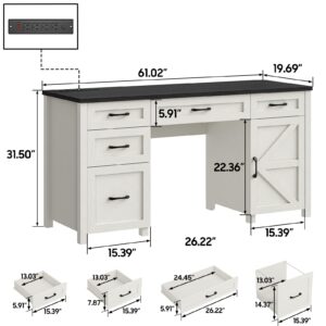 Farmhouse 61'' Executive Desk with 5 Drawers, Rustic Office Desk Computer Desk with Charging Station, File Drawers and Storage Cabinet, Wood Workstation for Home Office and Study, Black