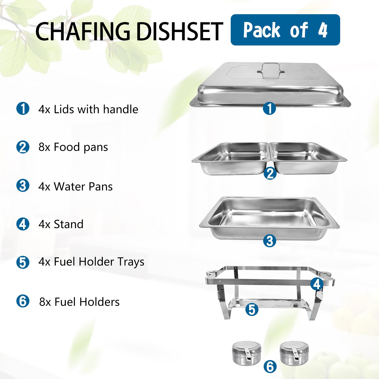 Jacgood Chafing Dish for Buffet, 4 Pack Stainless Steel Chafing Servers Food Warmer Set with 8QT Half Size Food Pan for Kitchen Party Banquet Dining