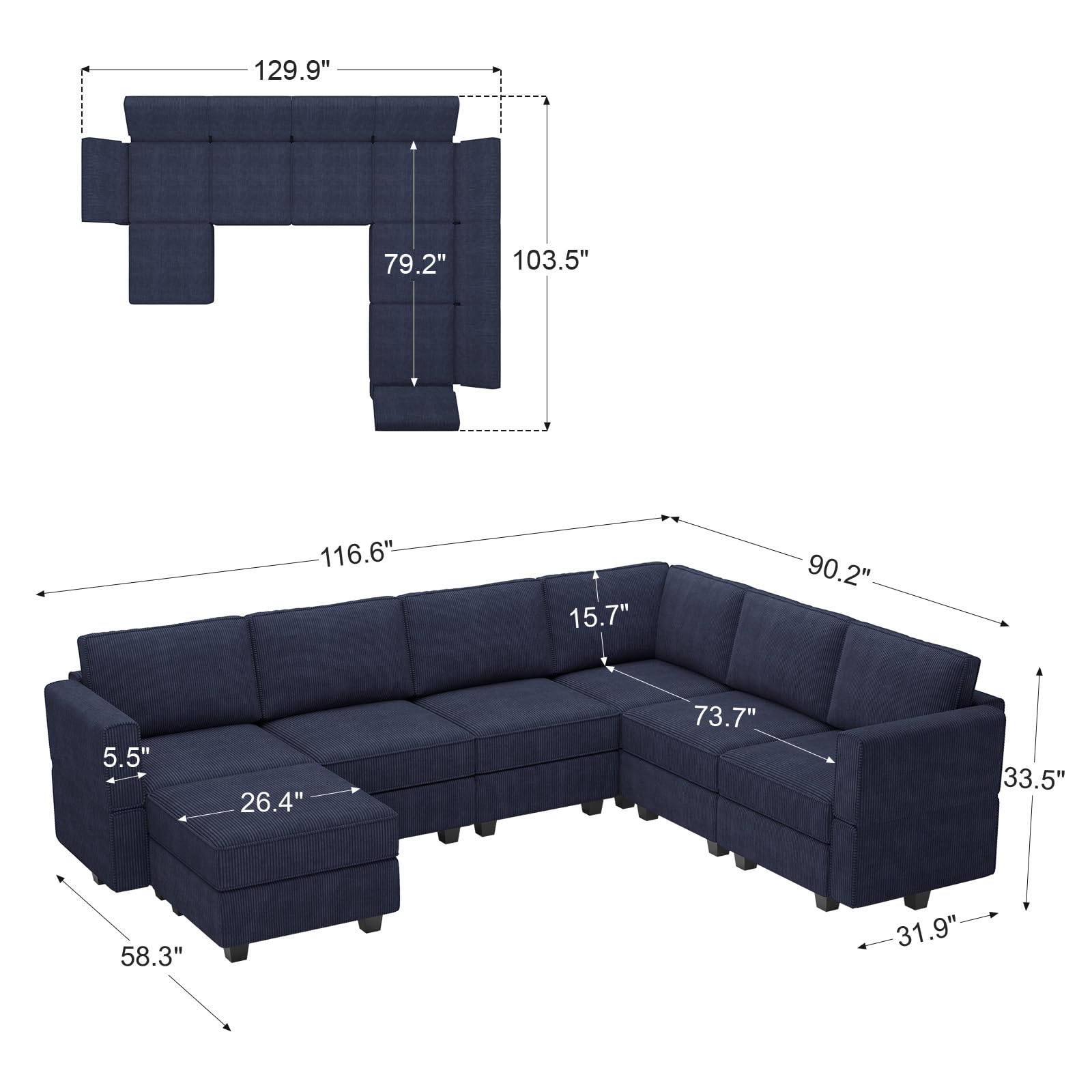 Belffin Modular Sectional Sofa with Storage Ottoman Seats, Corduroy Convertible Oversized Modular U-Shaped Sectional Couch for Living Room, Blue