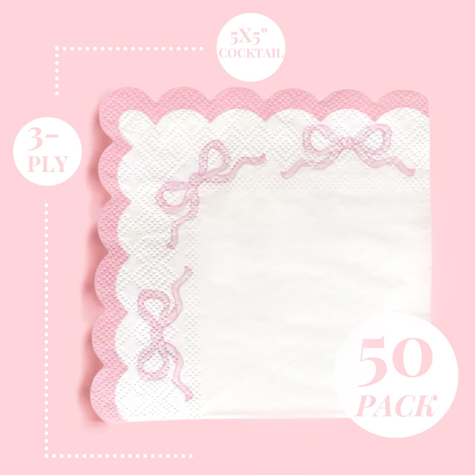 Pink Coquette Bow Party Napkins | 5" Cocktail 3-Ply 50 Pack | Sweetie Soirées | Pink Bow Theme Party Decorations | First Birthday Baby Shower She's Tying the Knot Bachelorette Party | Premium Quality