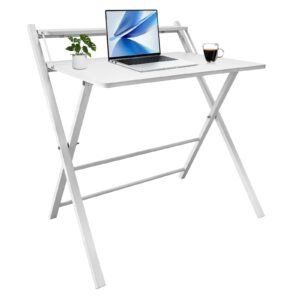 contemood foldable computer desk for home office, portable laptop study table for single, 2 tier desk no assembly required, white