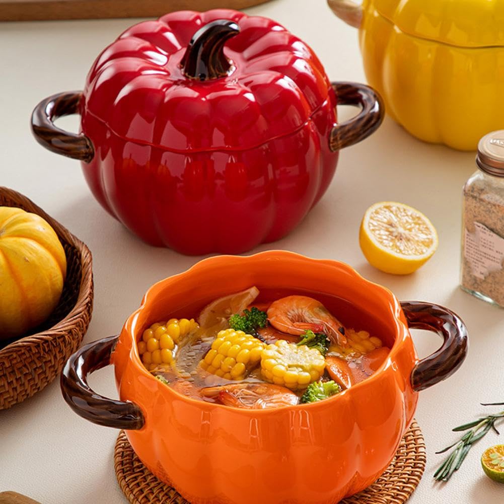 Pumpkin Dutch Oven with Lid and Handles, 1.59 qt Ceramic Pumpkin Cooking Pot Enamel Pot Soup Pot, Pumpkin Pottery Dessert Saucepan, Baking Soup Bowl, Halloween Thanksgiving Fall Harvest