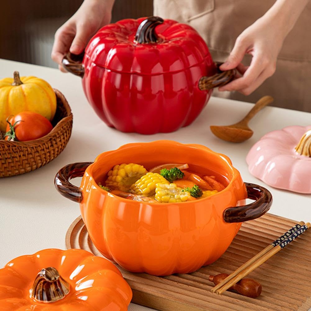 Pumpkin Dutch Oven with Lid and Handles, 1.59 qt Ceramic Pumpkin Cooking Pot Enamel Pot Soup Pot, Pumpkin Pottery Dessert Saucepan, Baking Soup Bowl, Halloween Thanksgiving Fall Harvest