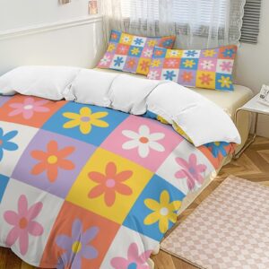 focusbrite 70s groovy flowers duvet cover set，hippie colorful retro floral cute comforter cover vintage garden flower duvet cover sets 3 piece (1 duvet cover 90"x90" + 2 pillow sham 20"x30")