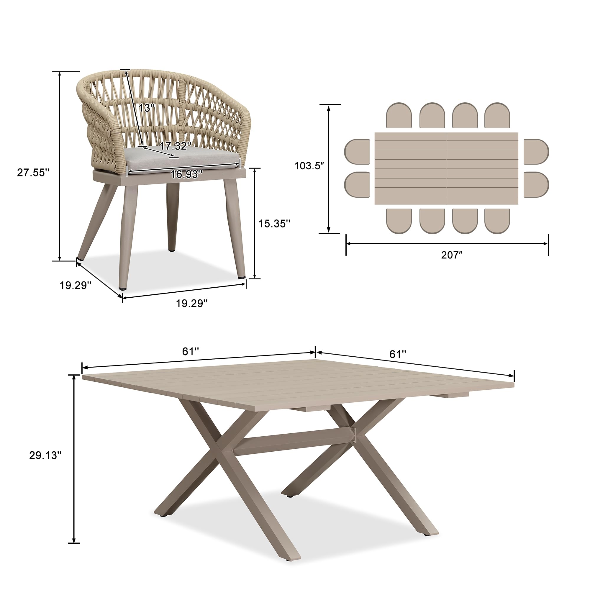 PURPLE LEAF 14 Pieces Outdoor Dining Set All-Weather PE Rattan Outdoor Patio Furniture Set with All Aluminum Frame Rectangular Table and Chairs Set for Lawn Garden Backyard Deck, Champagne