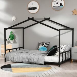 pvwiik twin size montessori toddler floor bed with headboards and footboards, metal house-shaped bed frame with soundproof strip for girls and boys, kids playroom, no box spring needed (black)