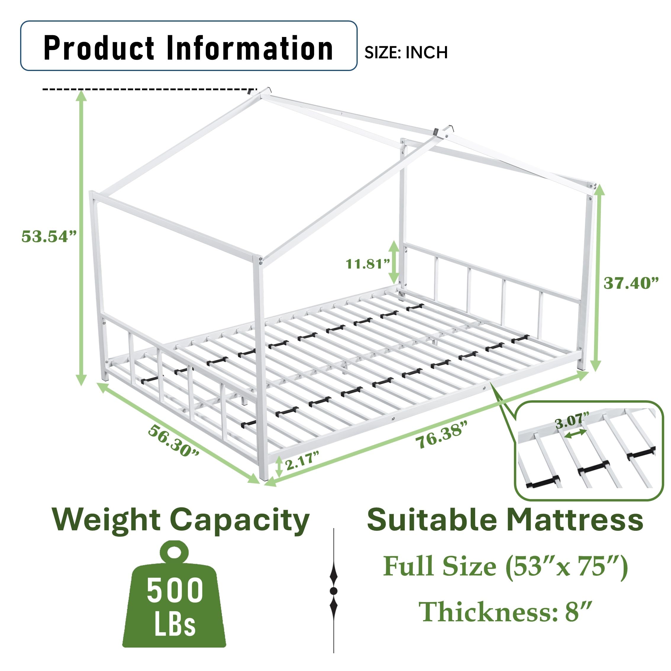 PVWIIK Full Size Montessori Toddler Floor Bed with Headboards and Footboards, Metal House-Shaped Bed Frame with Soundproof Strip for Girls and Boys, Kids Playroom, No Box Spring Needed (White)