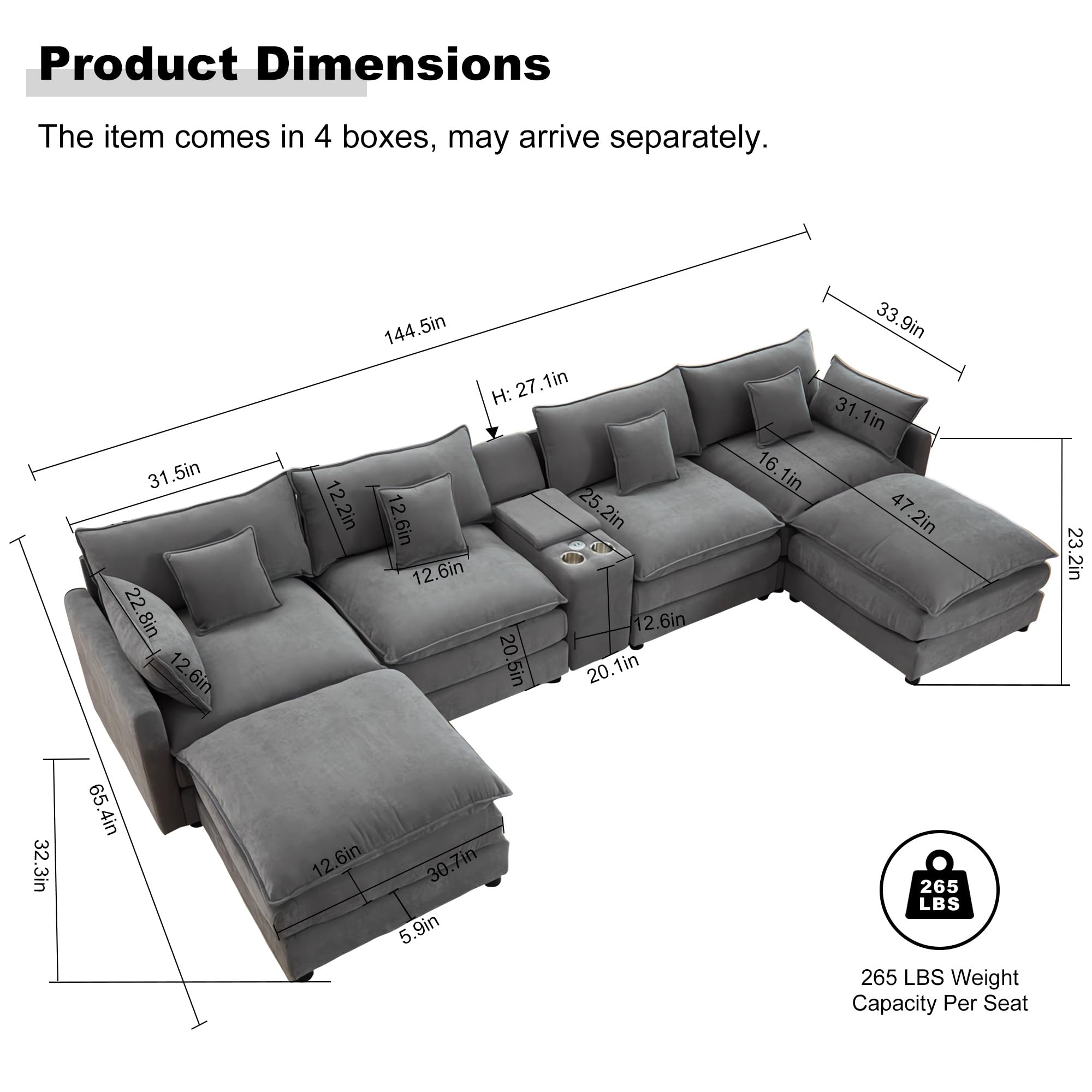 VEPXXP 144.5" Oversized Modular Sectional Couch with Storage Console, Cup Holders & USB Ports, Modern Chenille Upholstered U-Shaped Cloud Sofa w/Ottomans for Living Room Apartment Office, Grey