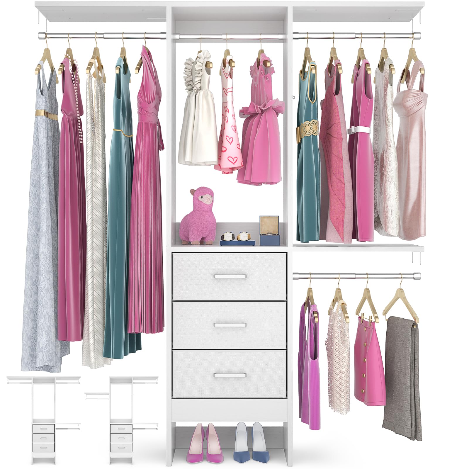 Besiost 4FT Small Closet System with 3 Fabric Drawers, 48'' Closet Organizer System with 3 Adjustable Shelves, Flexible Built-in Clothes Garment Rack for Small Space, 48" L x 13" W x 71" H, White