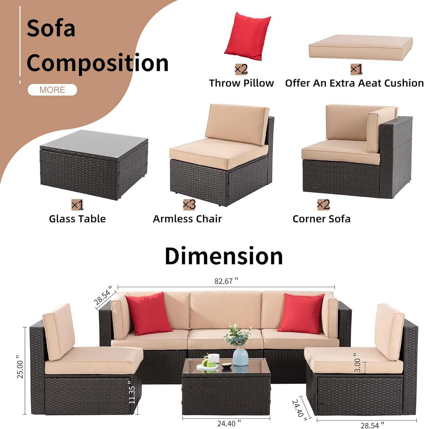 Shintenchi 6 Pieces Patio Furniture Sets Outdoor All-Weather Sectional Patio Sofa Set PE Rattan Manual Weaving Wicker Patio Conversation Set with Glass Table&Ottoman Cushion and Red Pillows, Neutral