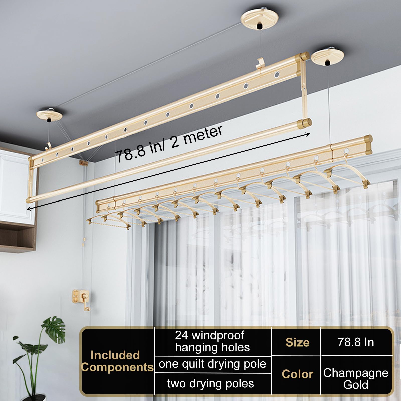 ZGGJZKV Ceiling Mounted Type Drying Clothes Rack for Home, Balcony Hand Cranked Lifting Airer, 78.8 Inches Long Three Poles Aluminium Alloy Clothing Dryer, Champagne Gold