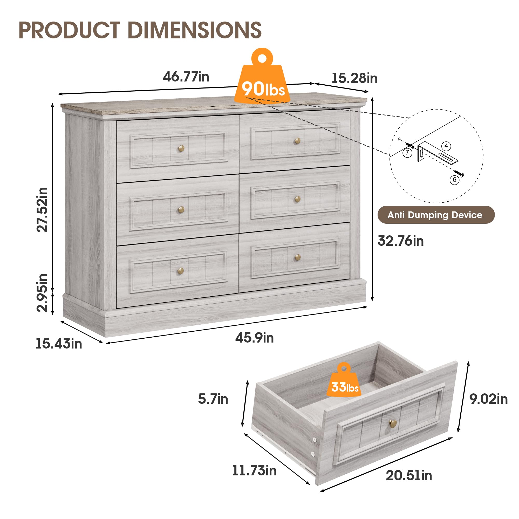 Vabches Dresser for Bedroom, 6 Drawer Wide Dresser Organizers Wood Storage Dresser for Closet, Farmhouse Double Chest of Drawer TV Stand with Gold Handles for Living Room, Hallway, Light Rustic Oak