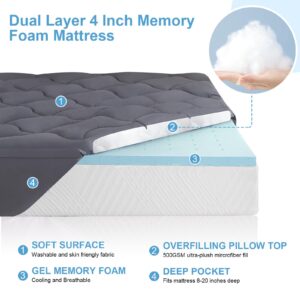 MUUEGM Dual Layer 4 Inch Memory Foam Mattress Topper Twin Size,2 Inch Gel Memory Foam Plus 2 Inch Cooling Pillow Top Cover with 8-21 Inch Deep Pocket,Mattress Pad for Back Pain,Grey