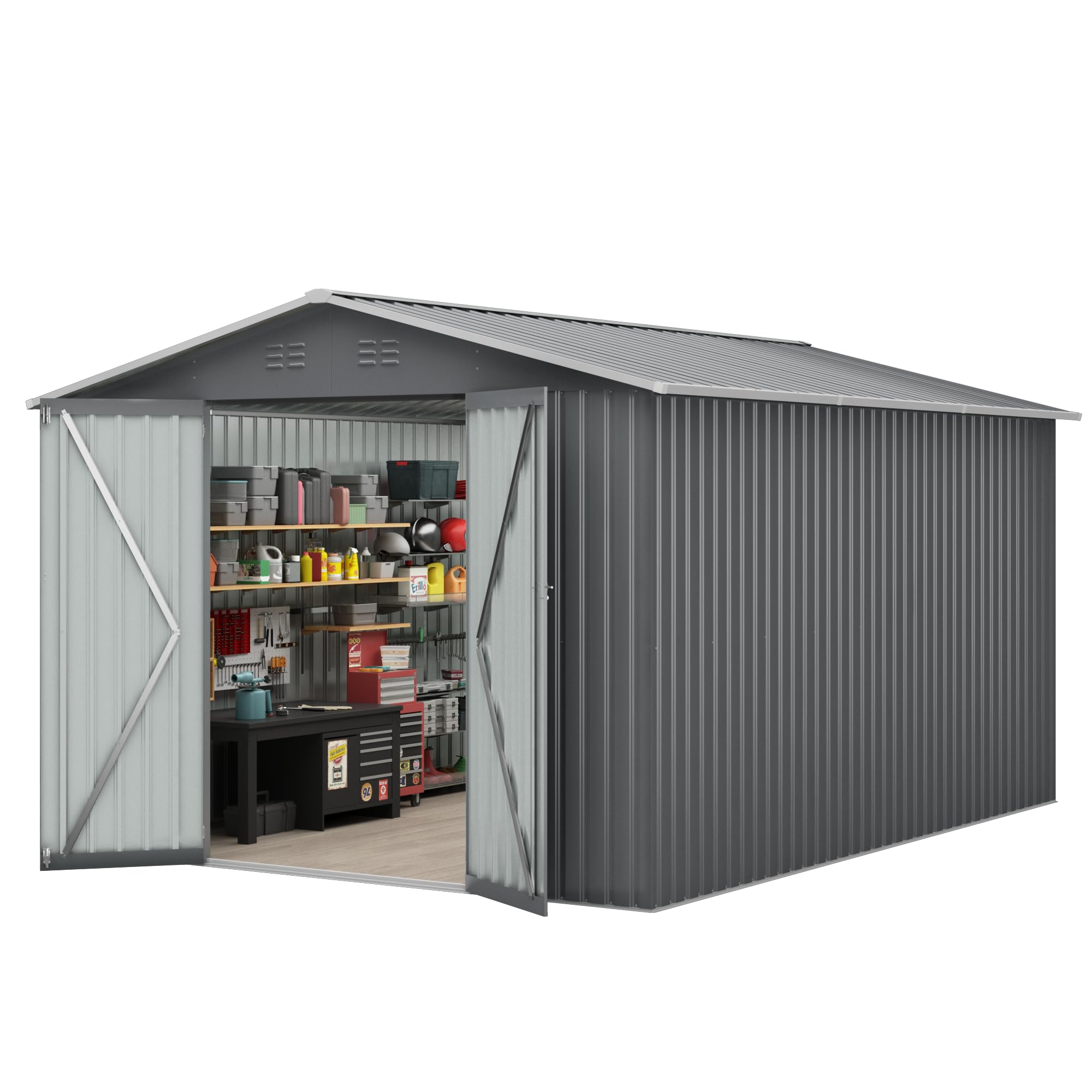 HOGYME 10x12 FT Outdoor Storage Shed, Large Metal Tool Sheds with Updated Frame Structure and Lockable Doors, Garden Shed for Backyard Garden Patio Lawn, Black