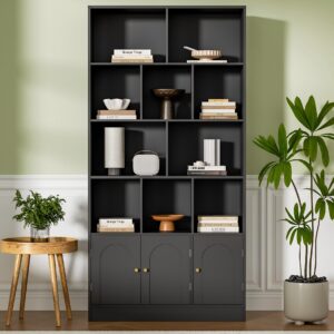 housoul 71" tall bookshelf with 10 cubes and 3 doors, 4-tier bookshelf, open shelf bookcase with cabinet, modern cube storage organizer for living room, and office, black