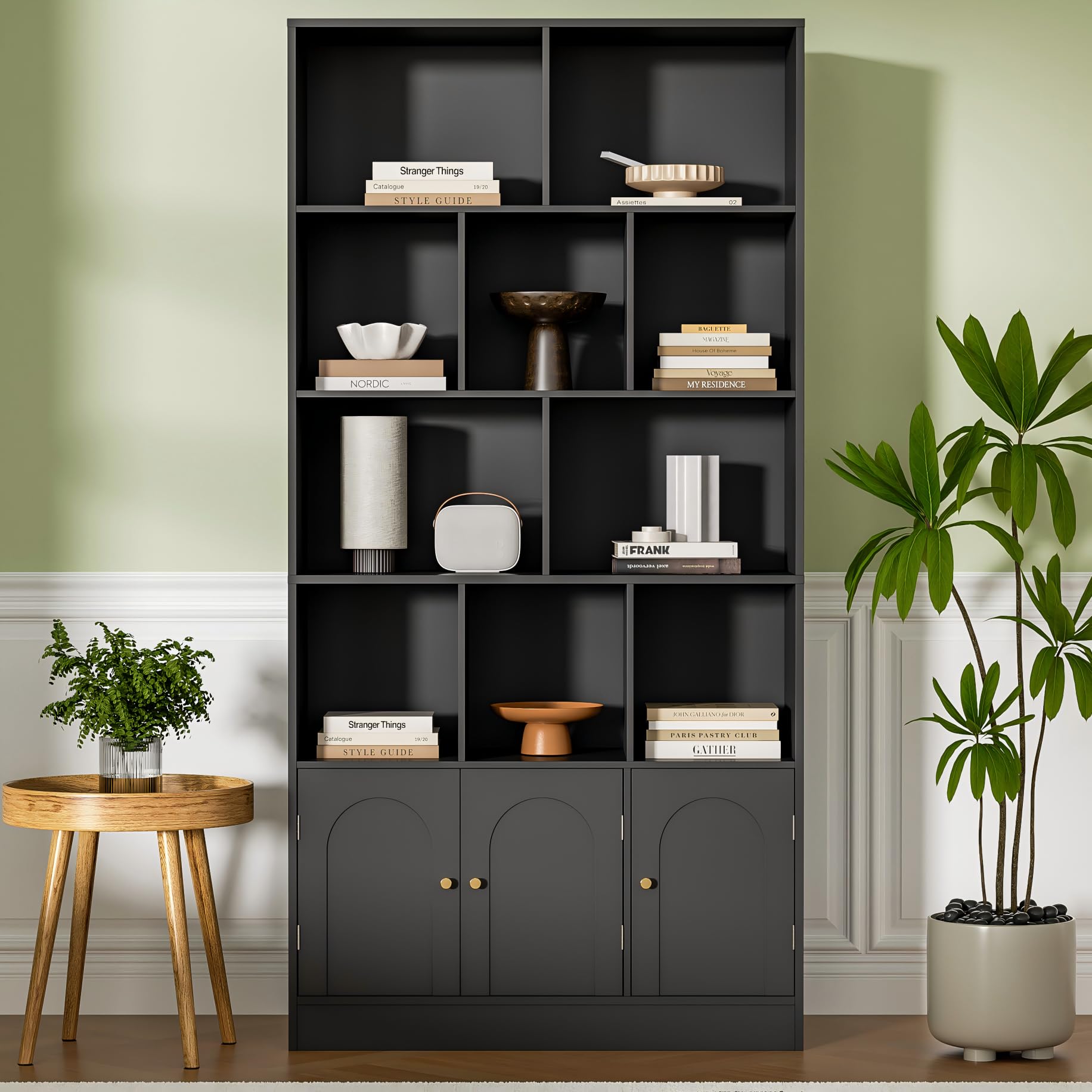 Housoul 71" Tall Bookshelf with 10 Cubes and 3 Doors, 4-Tier Bookshelf, Open Shelf Bookcase with Cabinet, Modern Cube Storage Organizer for Living Room, and Office, Black