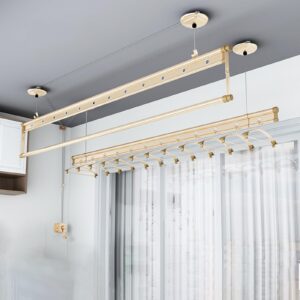 ZGGJZKV Ceiling Mounted Type Drying Clothes Rack for Home, Balcony Hand Cranked Lifting Airer, 78.8 Inches Long Three Poles Aluminium Alloy Clothing Dryer, Champagne Gold