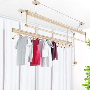 zggjzkv ceiling mounted type drying clothes rack for home, balcony hand cranked lifting airer, 78.8 inches long three poles aluminium alloy clothing dryer, champagne gold