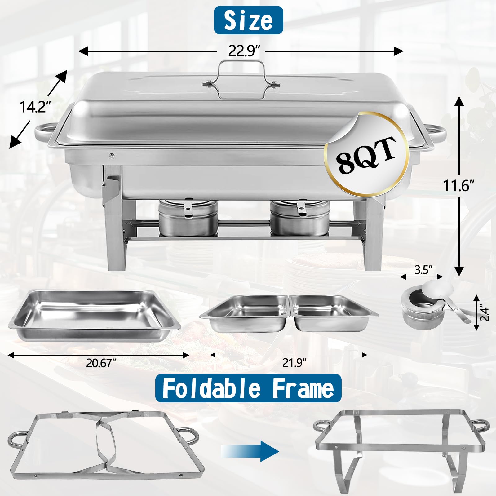 Jacgood Chafing Dish for Buffet, 4 Pack Stainless Steel Chafing Servers Food Warmer Set with 8QT Half Size Food Pan for Kitchen Party Banquet Dining