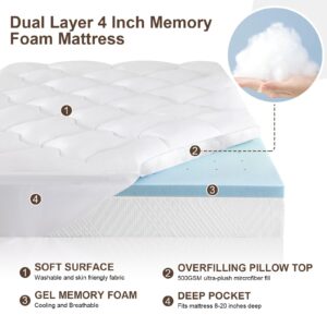 MUUEGM Dual Layer 4 Inch Memory Foam Mattress Topper Queen Size,2 Inch Gel Memory Foam Plus 2 Inch Cooling Pillow Top Cover with 8-21 Inch Deep Pocket,Mattress Pad for Back Pain,White