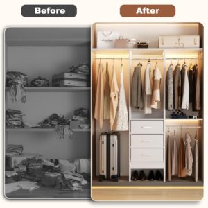 Besiost 4FT Small Closet System with 3 Fabric Drawers, 48'' Closet Organizer System with 3 Adjustable Shelves, Flexible Built-in Clothes Garment Rack for Small Space, 48" L x 13" W x 71" H, White