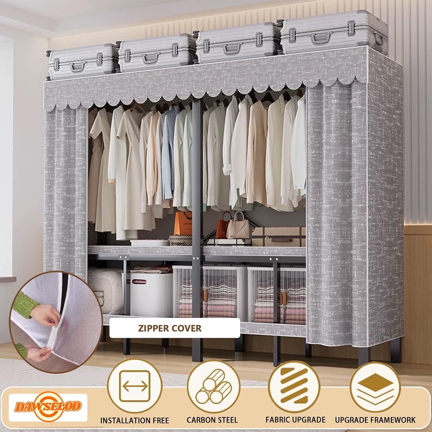 Heavy Duty Clothes Rack with Cover, 1200lbs, Foldable Portable Closets for Hanging Clothes,Clothing Rack Wardrobe Covered Garment Racks Freestanding Coat Storage Organizer System (243cm/95.6in)