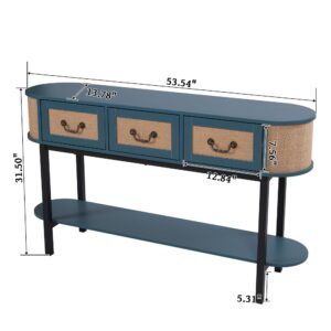 FurSch Rattan Entryway Table with Storage, Narrow Oval Console Table with Drawers,Blue 53.6" Long and Slim Couch Table Behind Sofa for Living Room Hallway Entrance Foyer